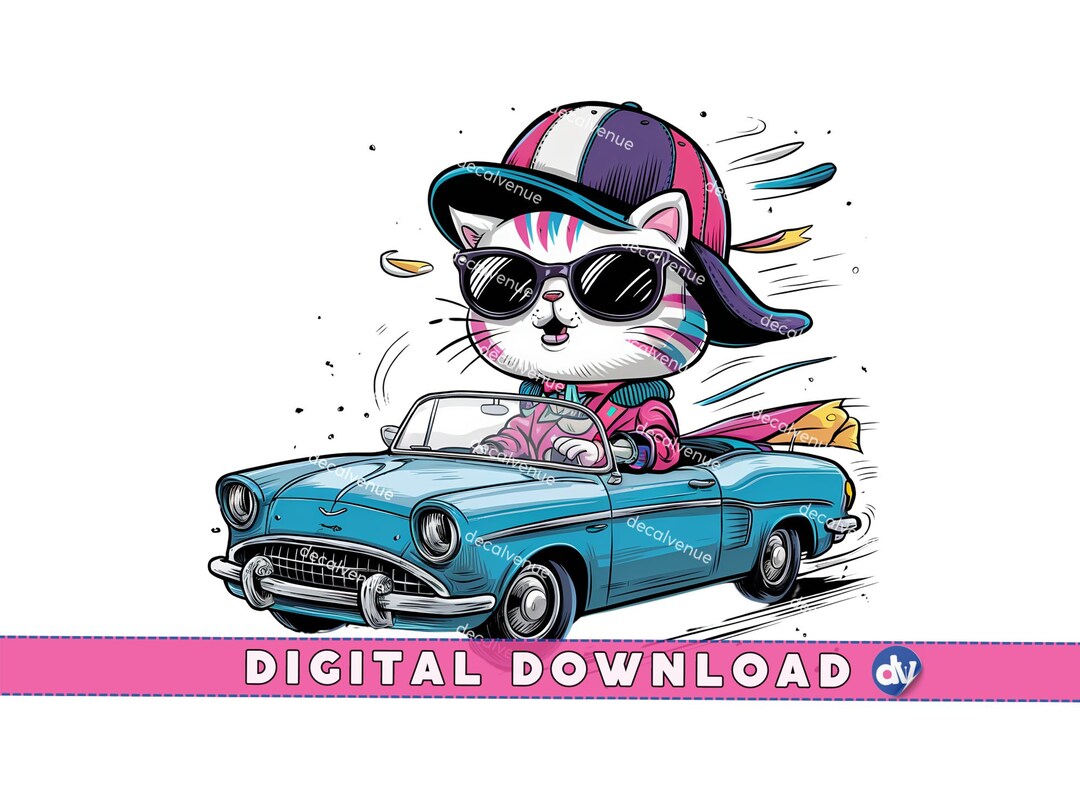 Cat Driving Convertible Clipart PNG Digital Download - Printable Art ...