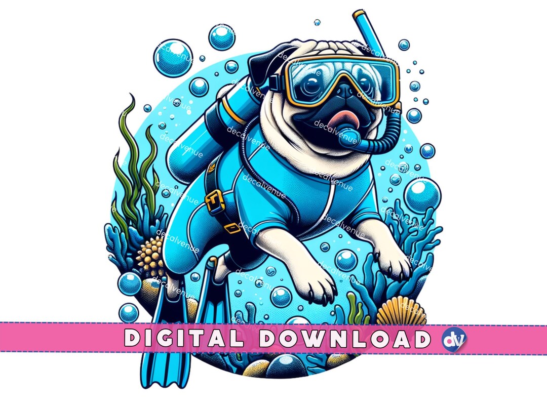 Pug Scuba Diver Clipart – Funny Dog Sublimation Design (digital ...