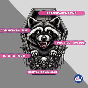 Scary Raccoon in Coffin Halloween PNG Digital Download Clipart ...