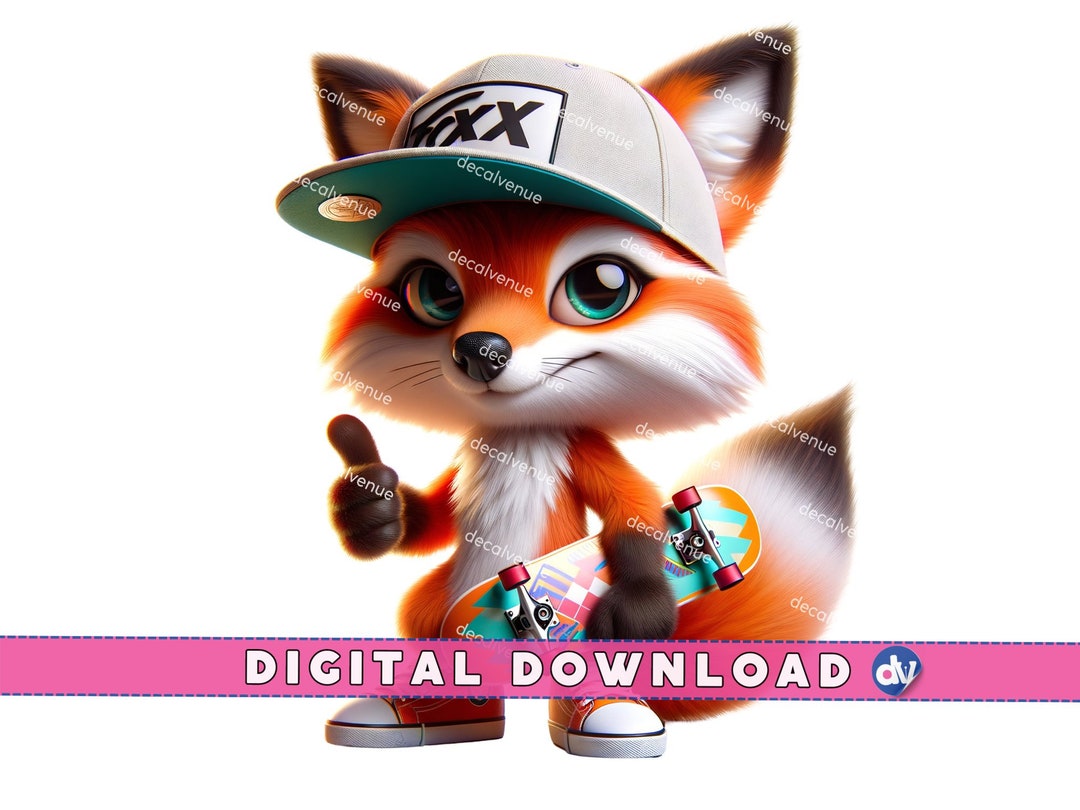 Cute Fox Holding Skateboard Digital Download PNG Printable Art, Cool ...