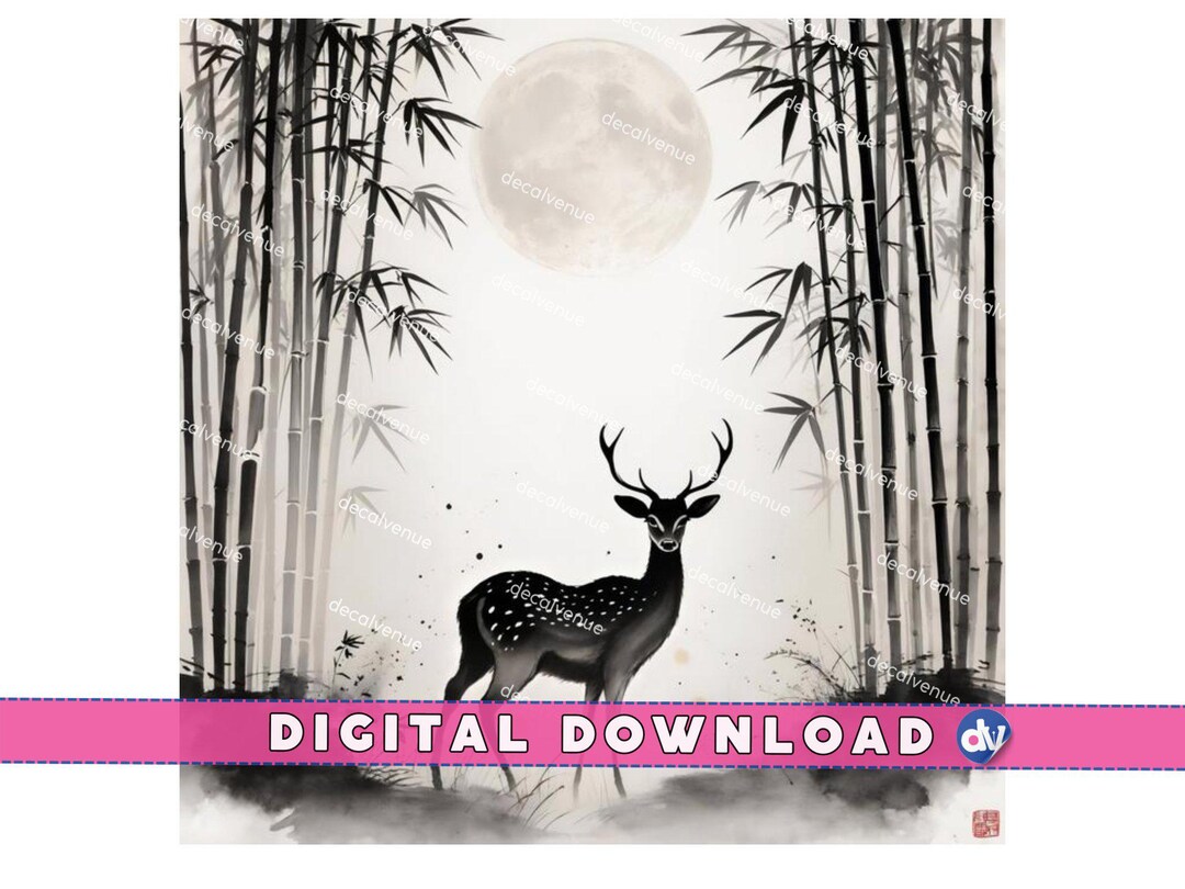 Deer in Bamboo Forest Under Moonlight Sumi-e Art Printable Art Digital ...