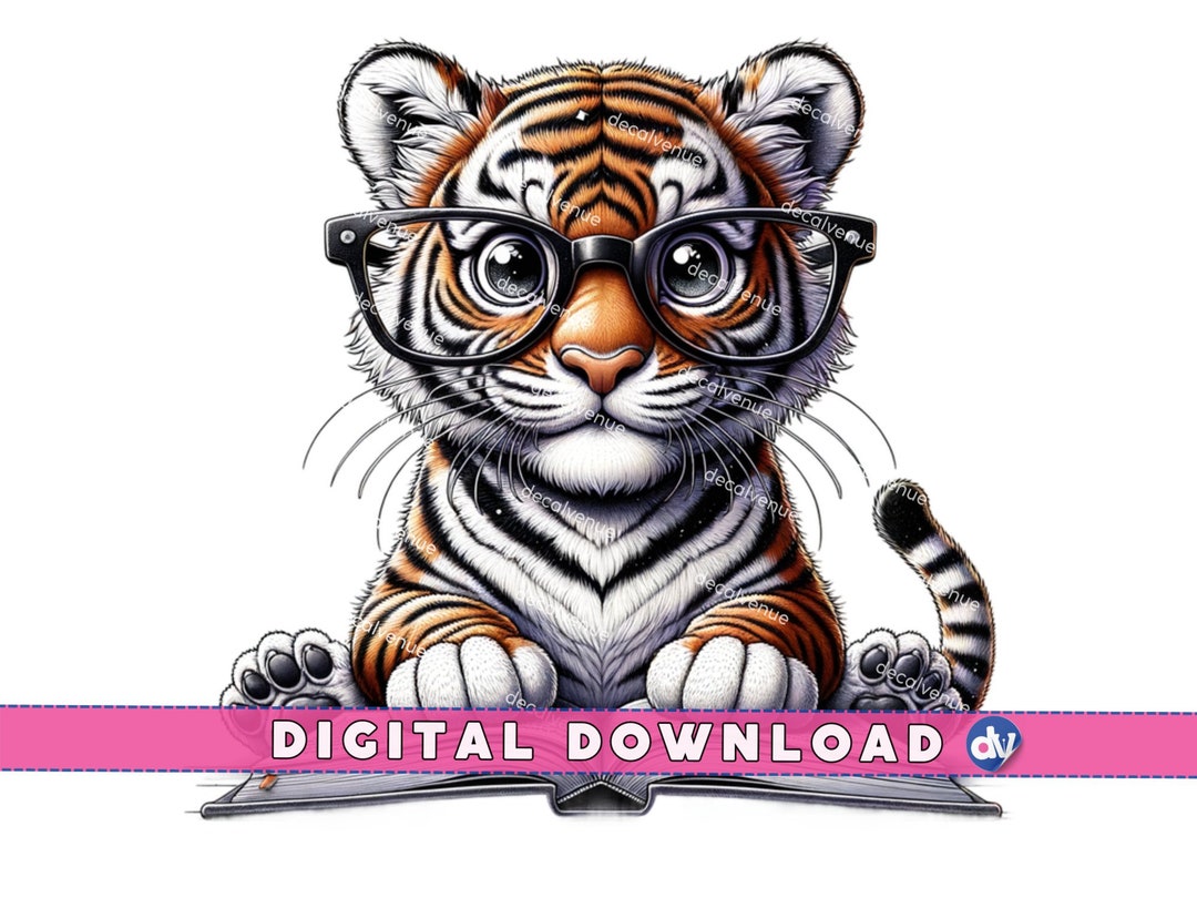 Tiger With Reading Glasses Open Book PNG Digital Download Clipart ...