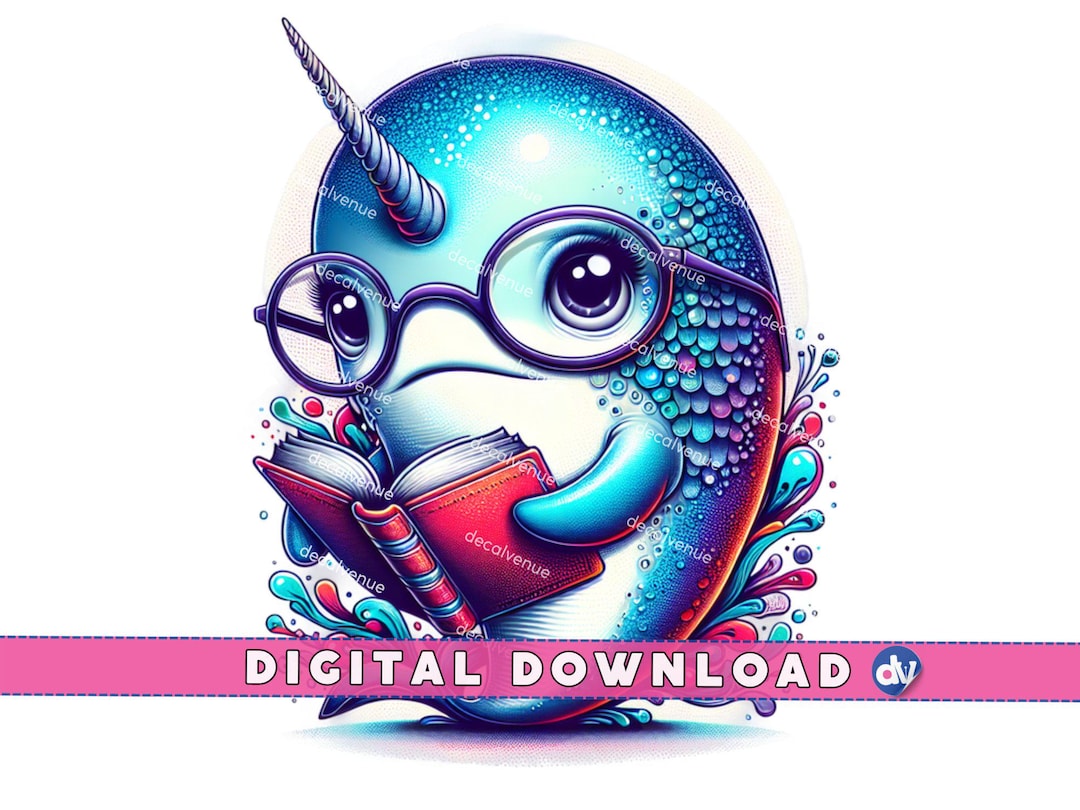 Narwhal With Reading Glasses Open Book PNG Digital Download Clipart ...