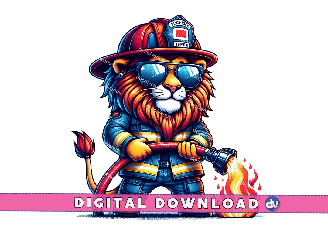 Lion Firefighter Putting Out a Fire Clipart PNG Digital Download ...
