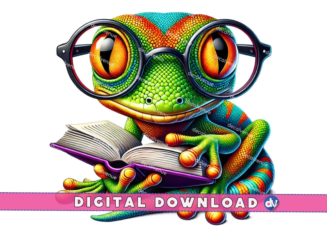 Gecko With Reading Glasses Open Book PNG Digital Download Clipart ...