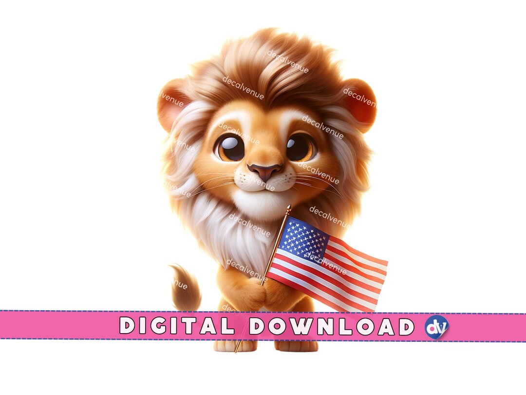 Cute Lion Holding American Flag Clipart PNG Digital Download ...