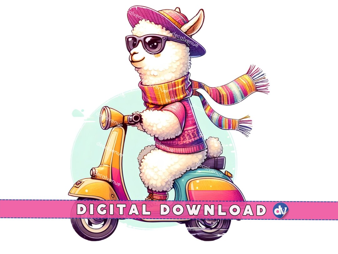 Stylish Llama Riding a Scooter PNG Digital Download Clipart - Printable ...
