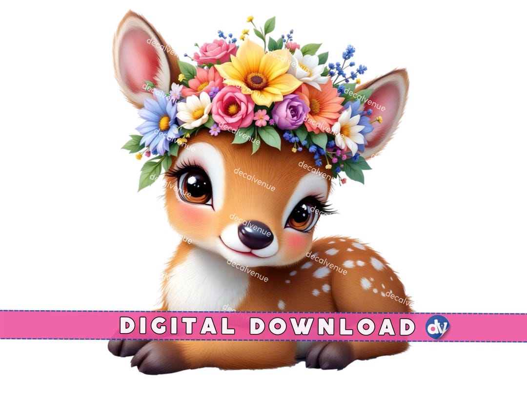 Delicate Fawn Wearing a Flower Crown PNG Digital Download Clipart ...