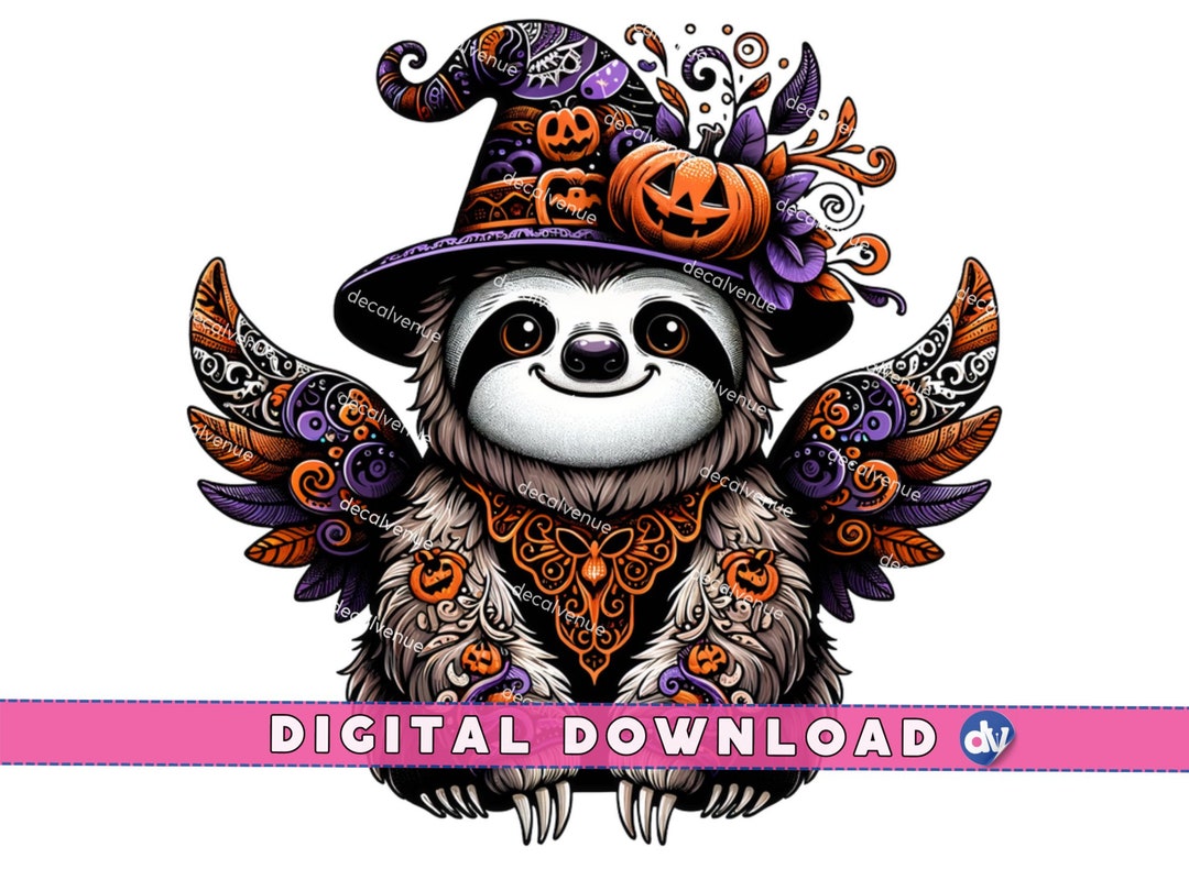 Halloween Sloth in Witch Hat Wings PNG Digital Download Clipart ...