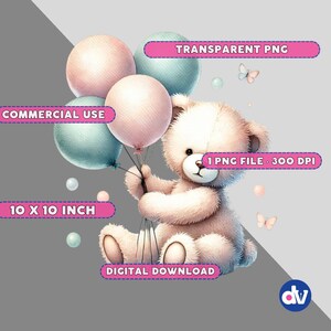 Watercolor Teddy Bear Holding Balloons PNG Digital Download Clipart ...