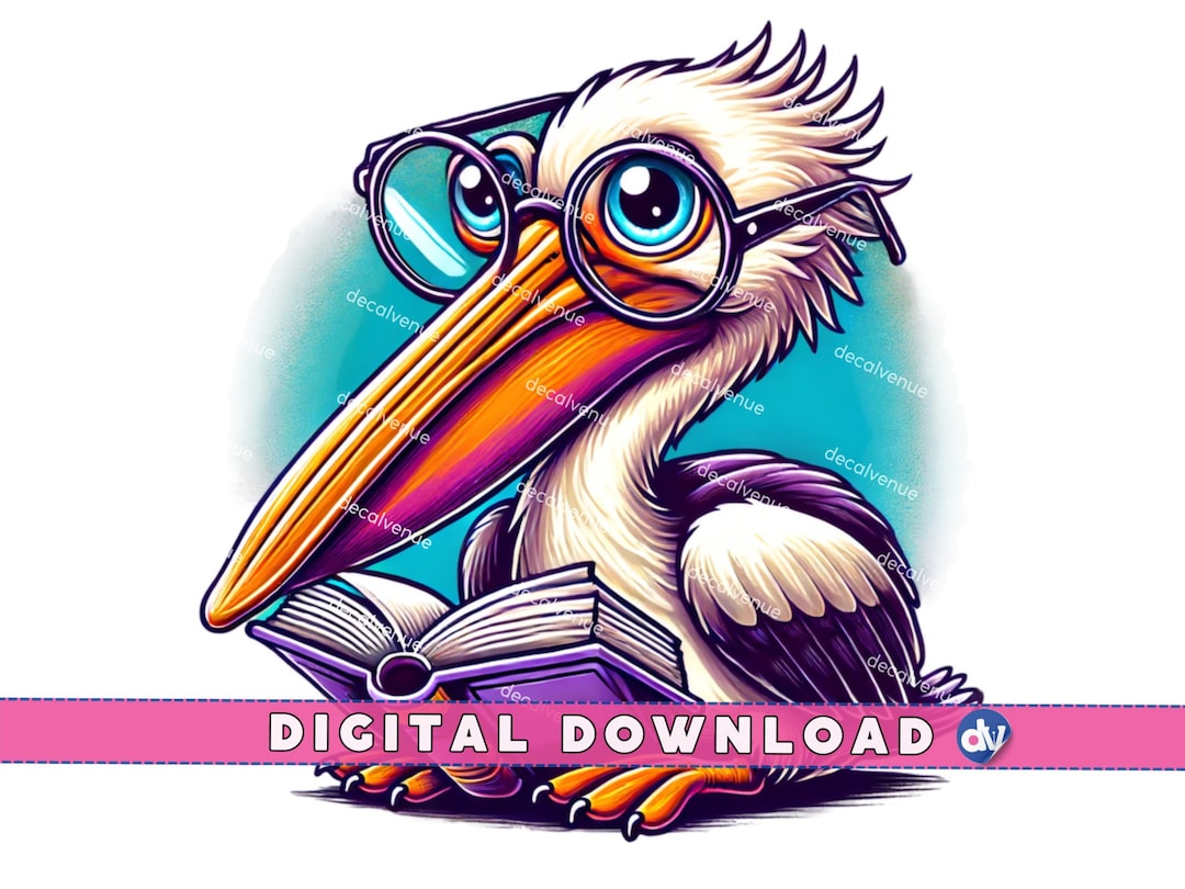 Cartoon Pelican Reading Book Clipart, PNG, Sublimation Design (digital ...