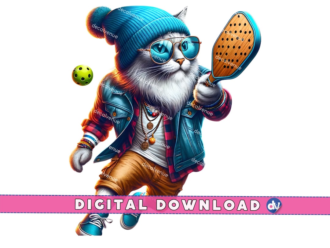 Hipster Cat Playing Pickleball PNG Digital Download Clipart - Printable ...