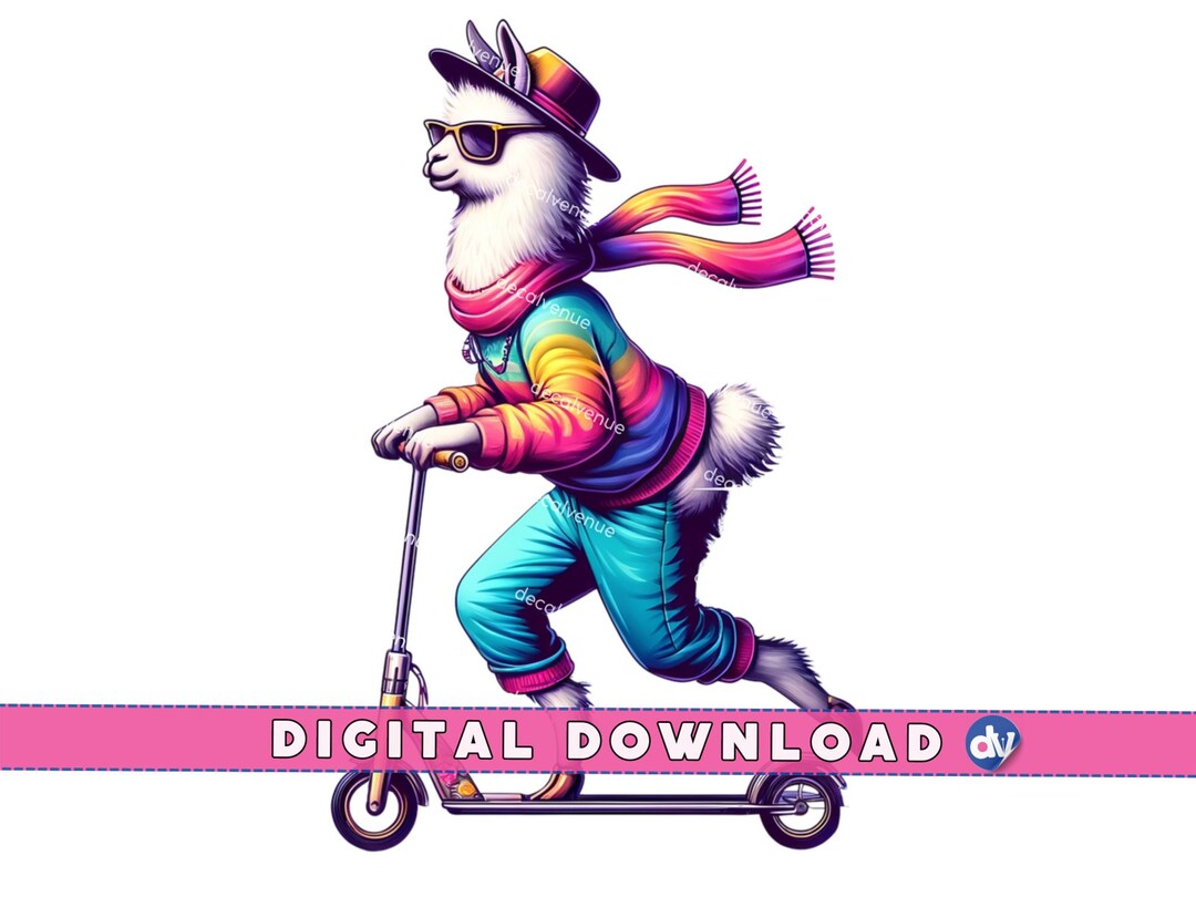 Trendy Llama Riding a Scooter PNG Digital Download Clipart - Printable ...