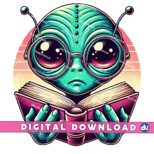 Alien With Reading Glasses Open Book PNG Digital Download Clipart ...