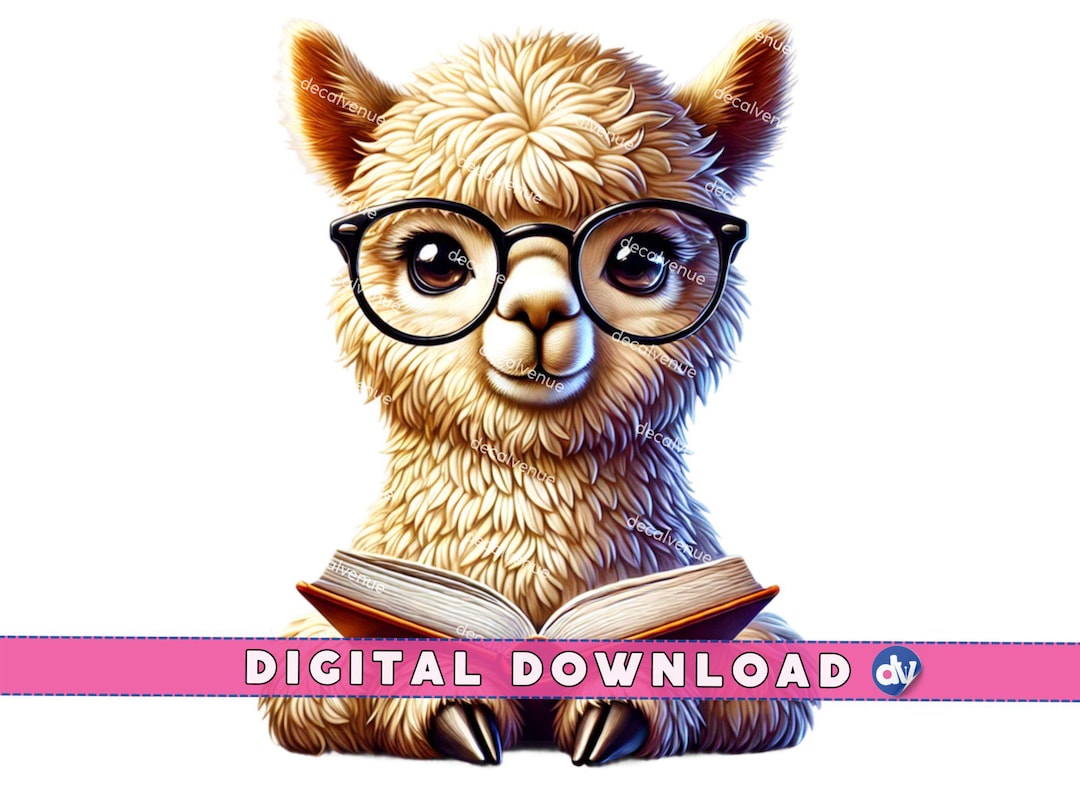 Alpaca With Reading Glasses PNG Clipart: Book Lover Art (digital ...