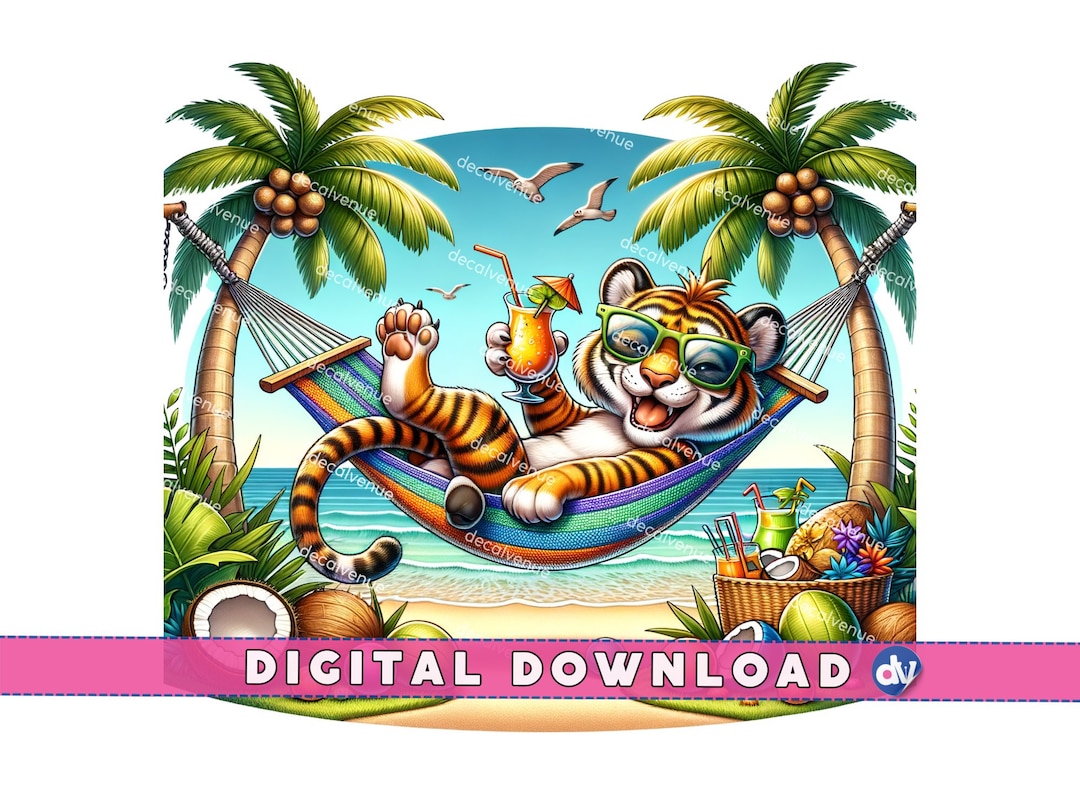 Tropical Tiger Lounging in Hammock Beach Art, Relaxing Tiger Digital ...