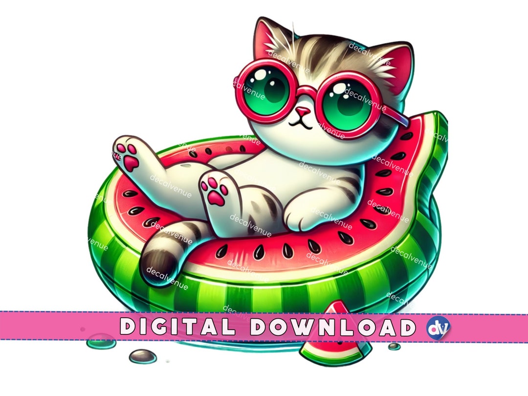 Cat on Watermelon Float PNG Digital Download Clipart Printable Art Dtg ...