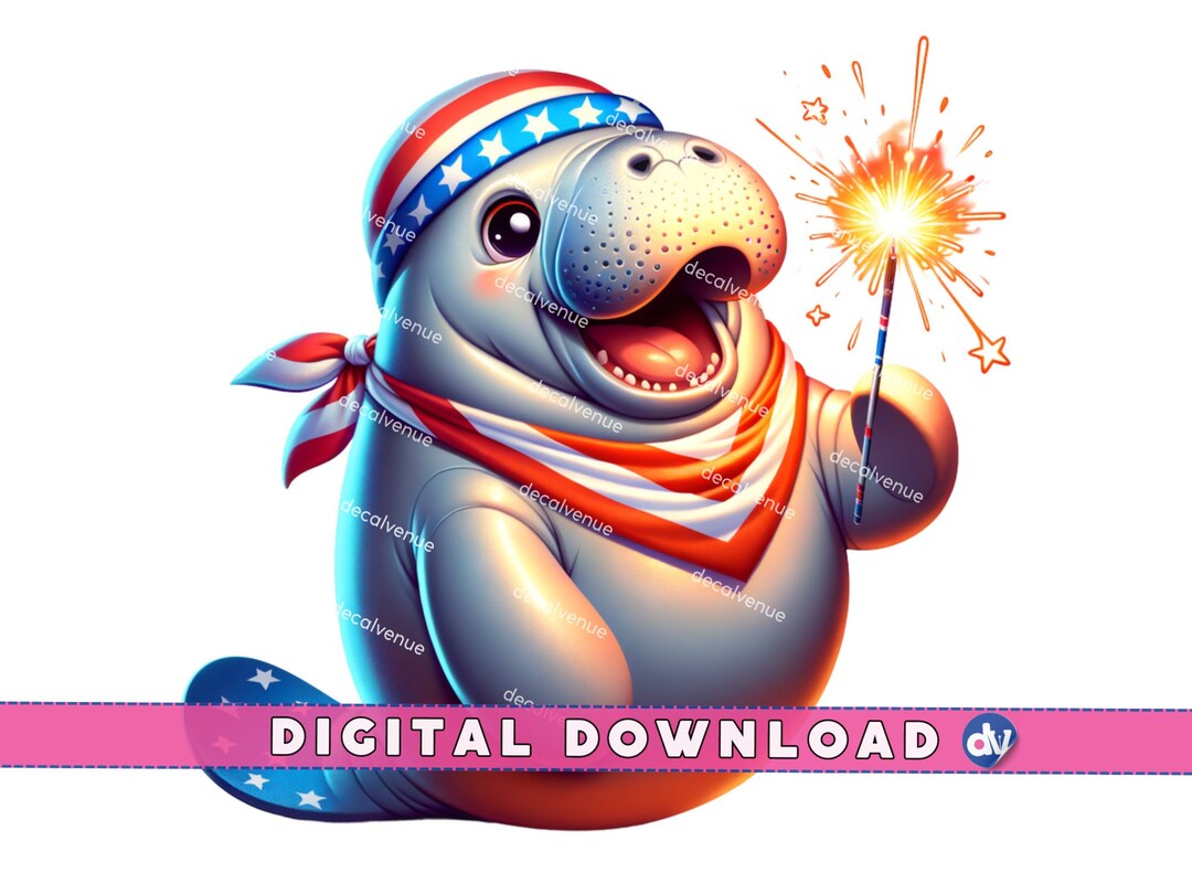 Manatee Holding Sparkler American Flag Bandana PNG Digital Download Clipart Printable Art for ...