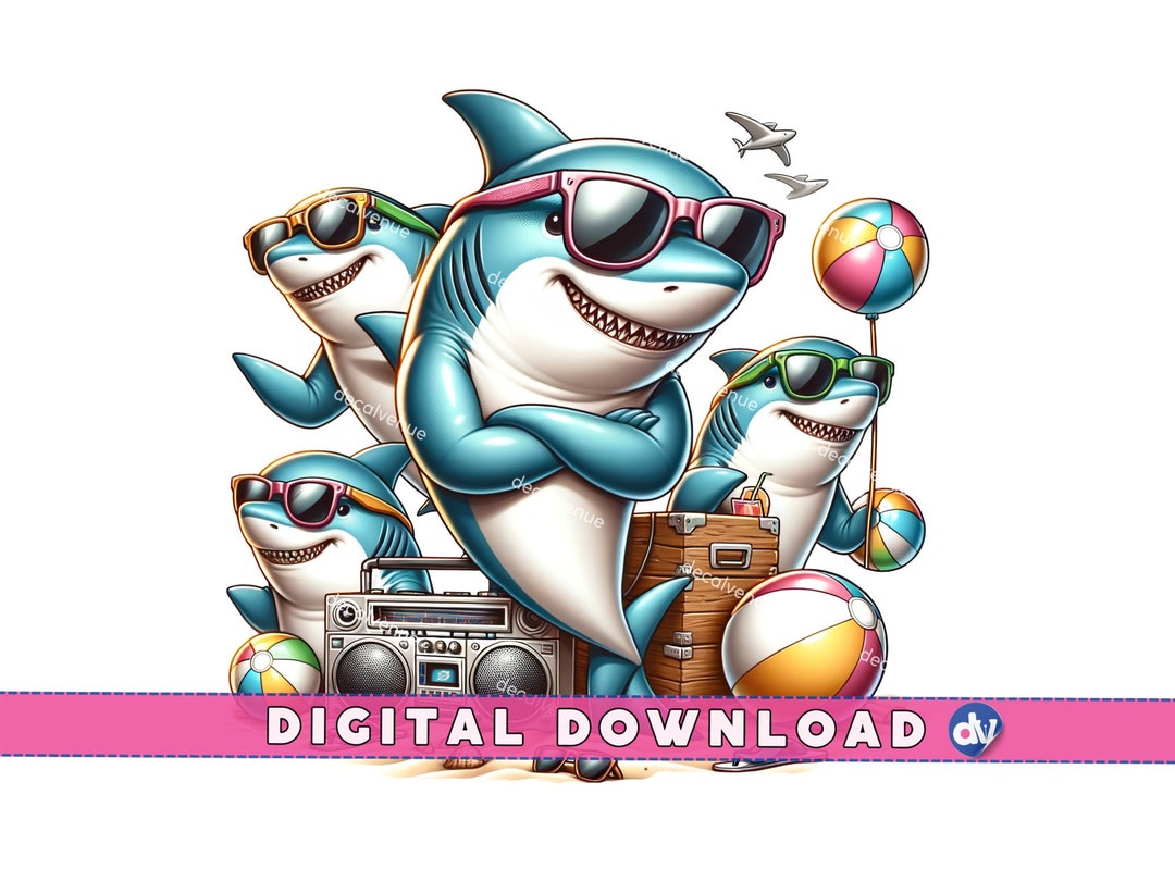 Shark Beach Party Clipart – Summer PNG, Sublimation Design (digital ...