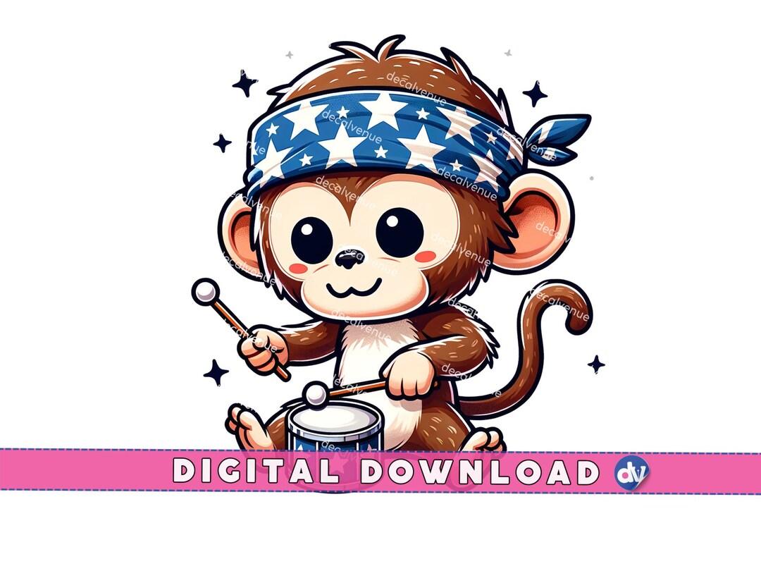 Monkey Wearing Bandana Playing Drum Clipart PNG Digital Download ...