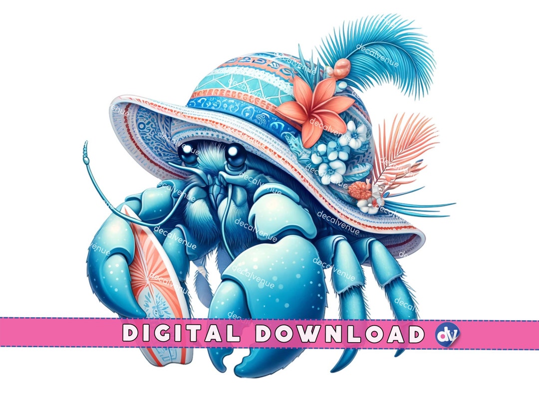 Hermit Crab Holding Surfboard in Summer Beach Hat PNG Digital Download ...