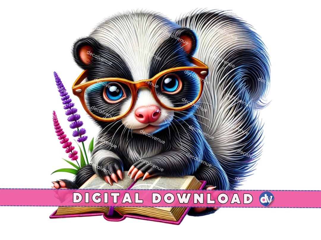 Skunk in Reading Glasses With Book PNG Digital Download Clipart ...