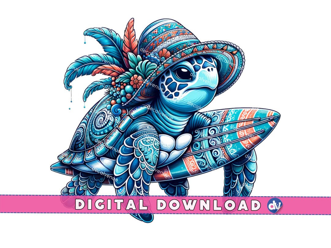 Sea Turtle in Summer Beach Hat With Surfboard PNG Digital Download ...