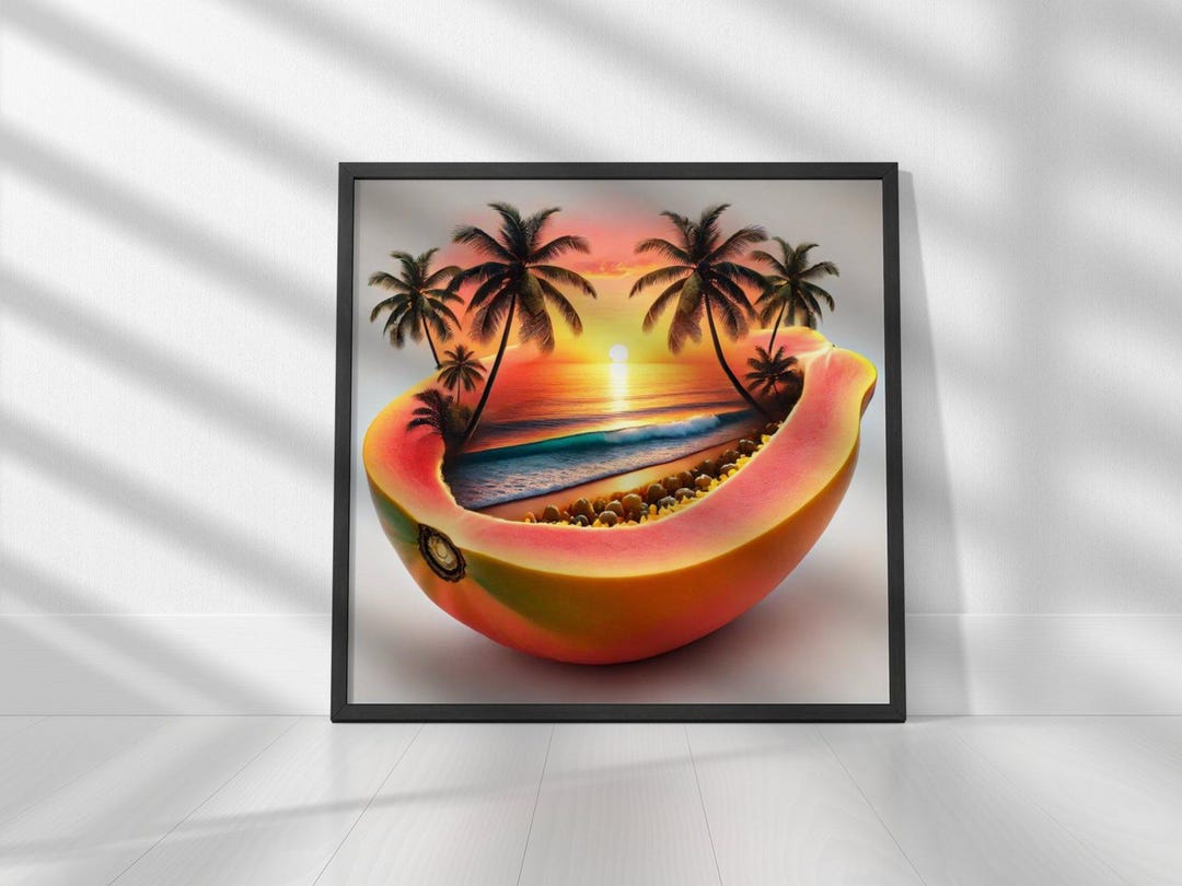 Tropical Beach Sunset Papaya Art Print, Exotic Wall Decor (digital ...