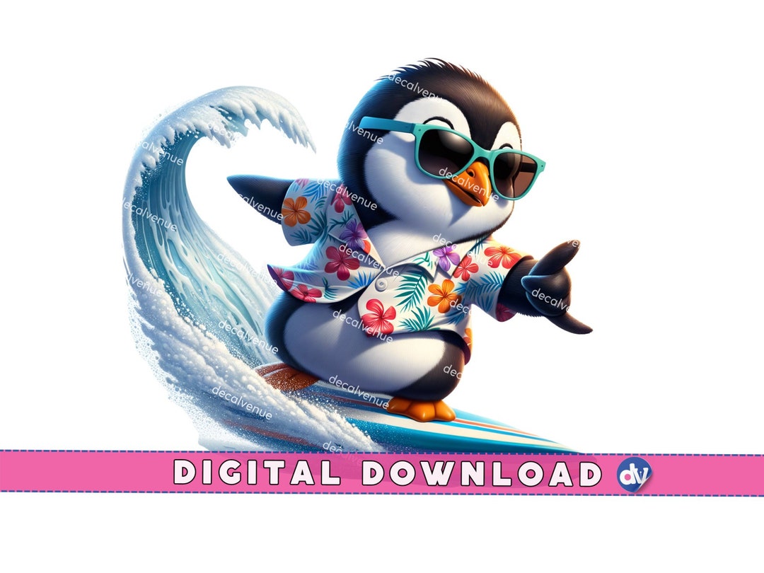 Surfing Penguin Paradise Digital Download PNG Printable Art Cute Animal ...