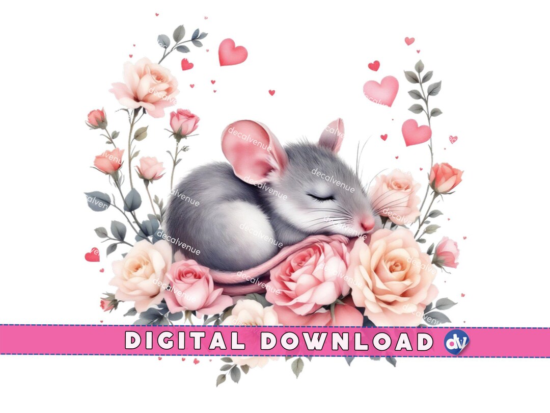 Sleeping Mouse With Roses and Hearts PNG Digital Download Clipart ...