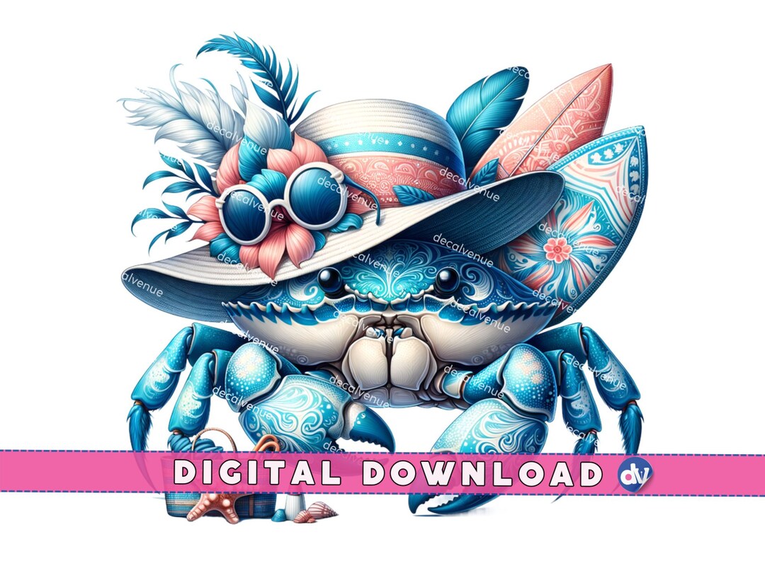 Blue Crab in Summer Beach Hat With Surfboard PNG Digital Download ...