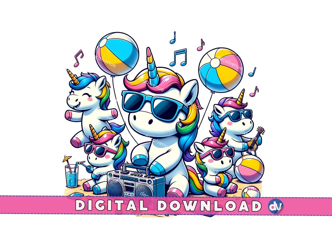 Unicorn Beach Party Sunglasses Boombox Clipart PNG Digital Download ...