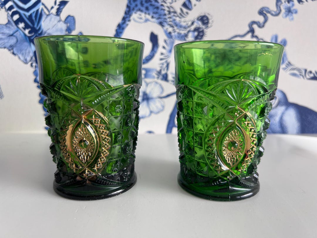 Vintage Pair of EAPG Northwood Green Cut Glass Memphis Tumblers C.1908 ...