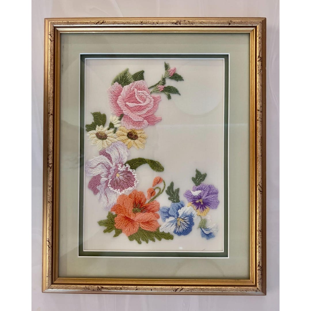 Vintage Handcrafted Floral Framed Embroidery Artwork in Gold Frame by ...