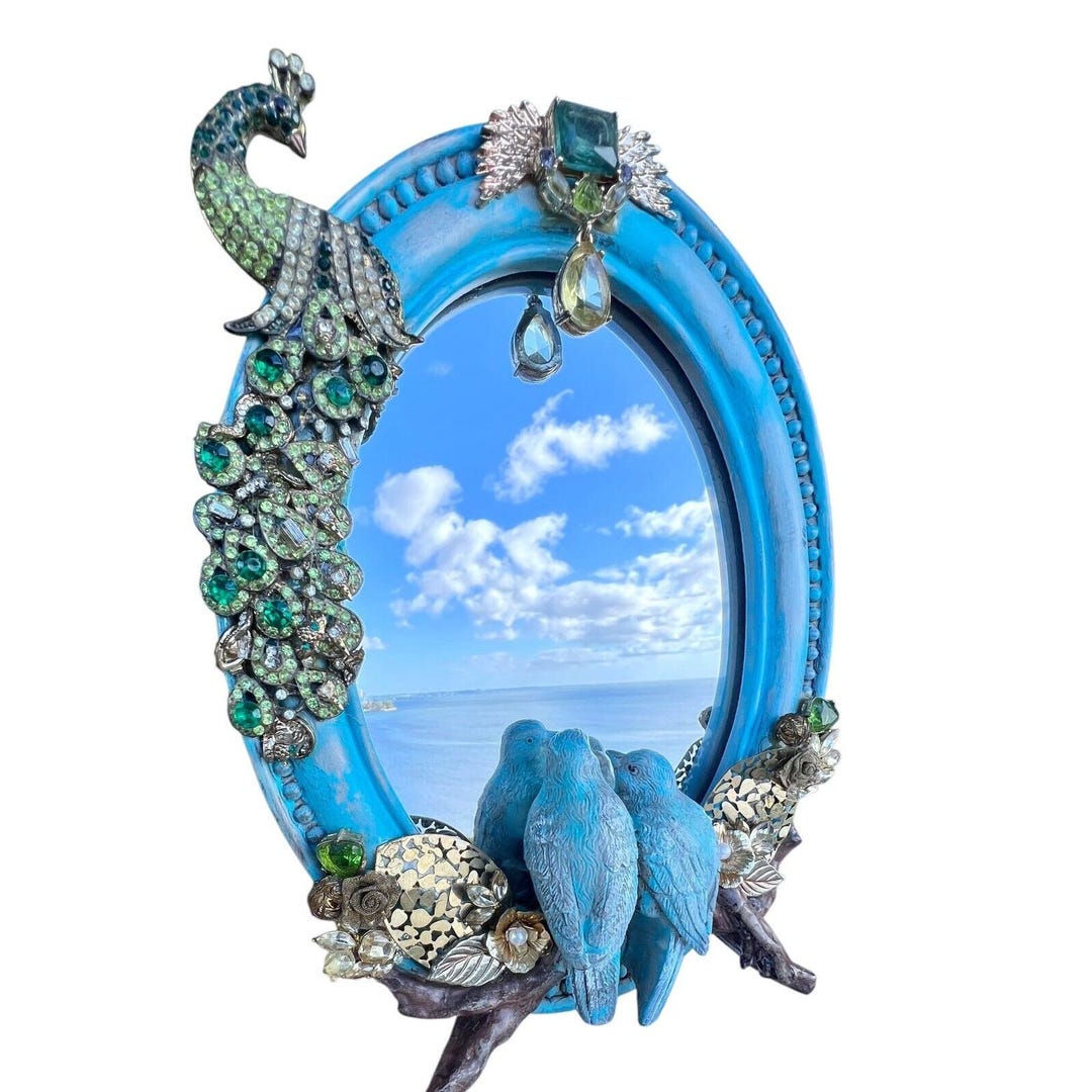 Handcrafted Jeweled Oval Vanity Mirror Teal Blue Love Birds Jeweled ...