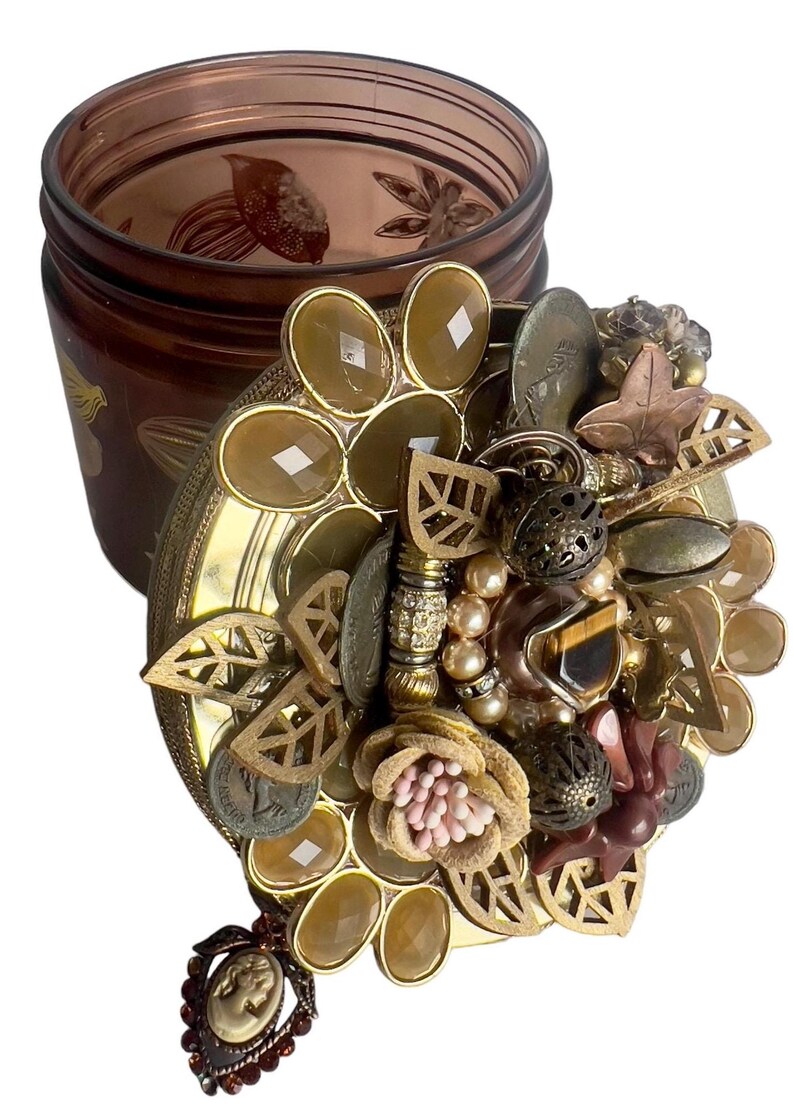 Cameo Jeweled Glass Fancy Vanity Jar, Gold Jewel Encrusted Lid Vanity ...