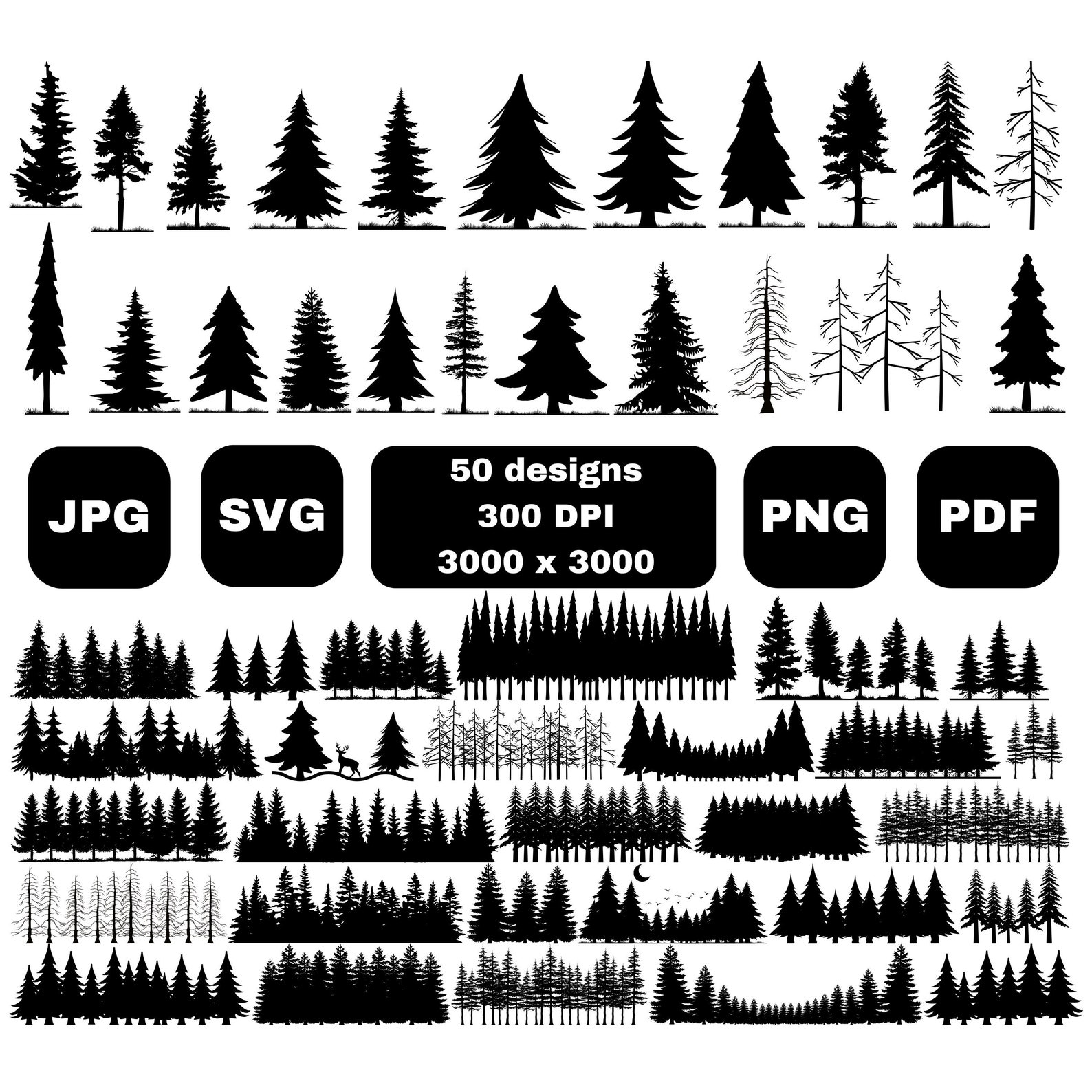 Pine Forest Tree SVG Bundle (50 Variations), Tree Silhouette, Nature ...