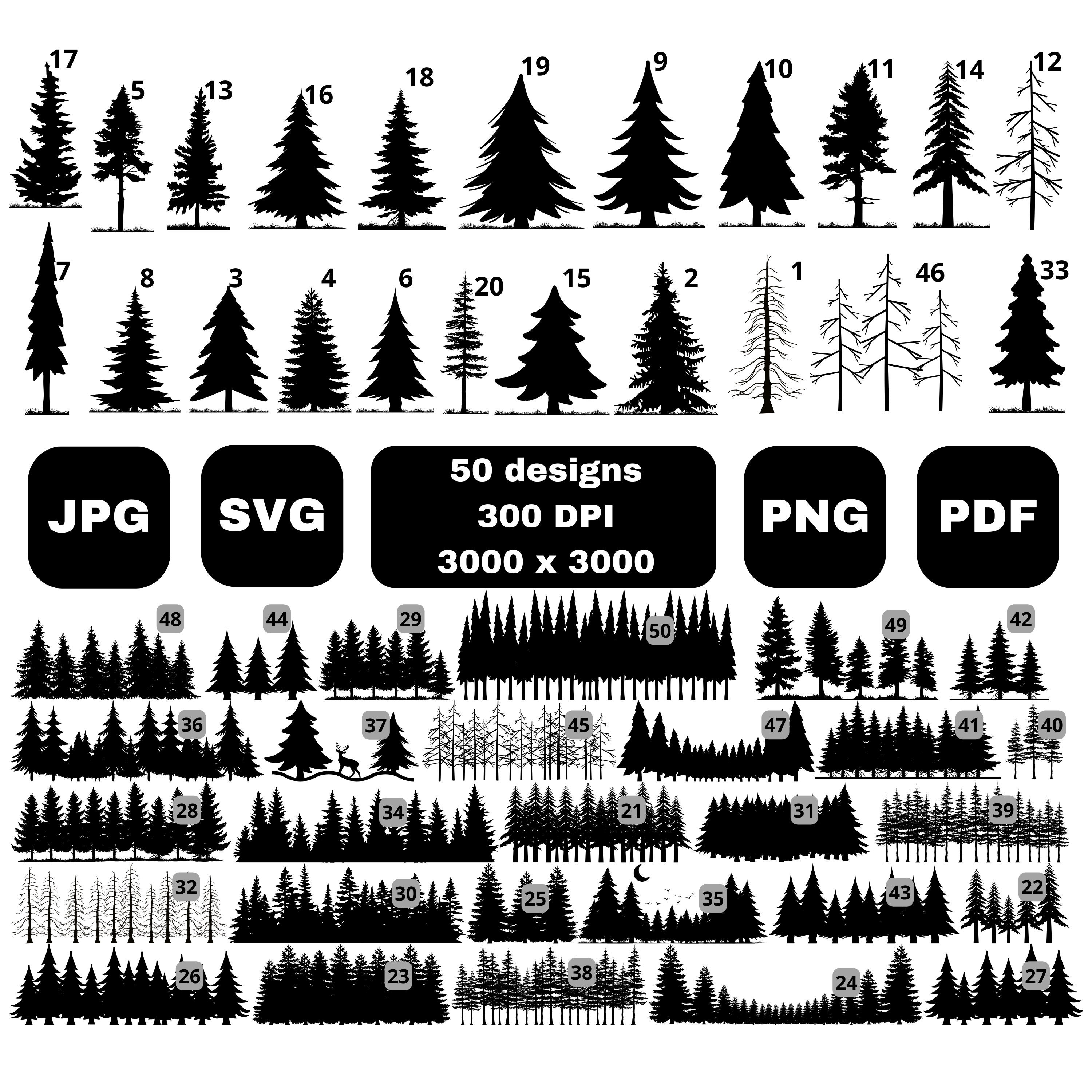 Pine Forest Tree SVG Bundle (50 Variations), Tree Silhouette, Nature ...