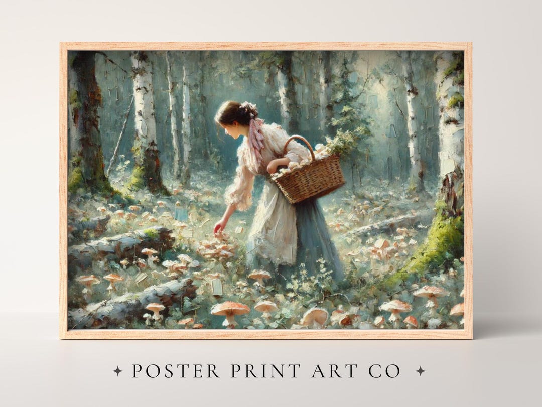 Cottage Core Poster, Gathering Mushrooms Print, Rustic Wall Art, Girl ...