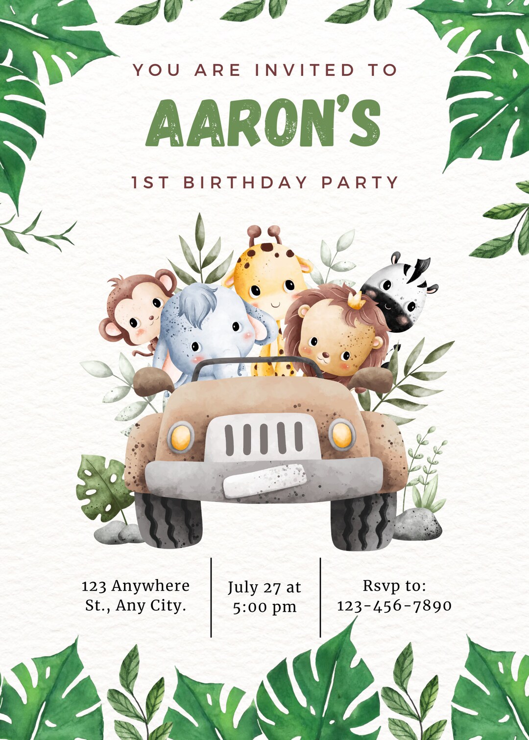 Safari Invitation, for Any Age, Jungle Animals EDITABLE Invitation ...