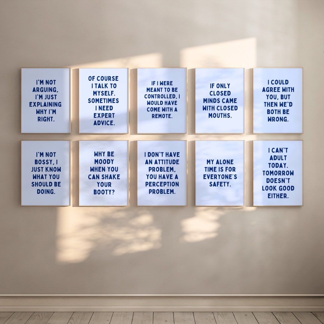 Funny Blue Phrases Wall Art Prints: Minimalist Gallery Set (digital ...