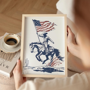 Vintage Cowboy American Flag Print: Western Farmhouse Decor (digital ...
