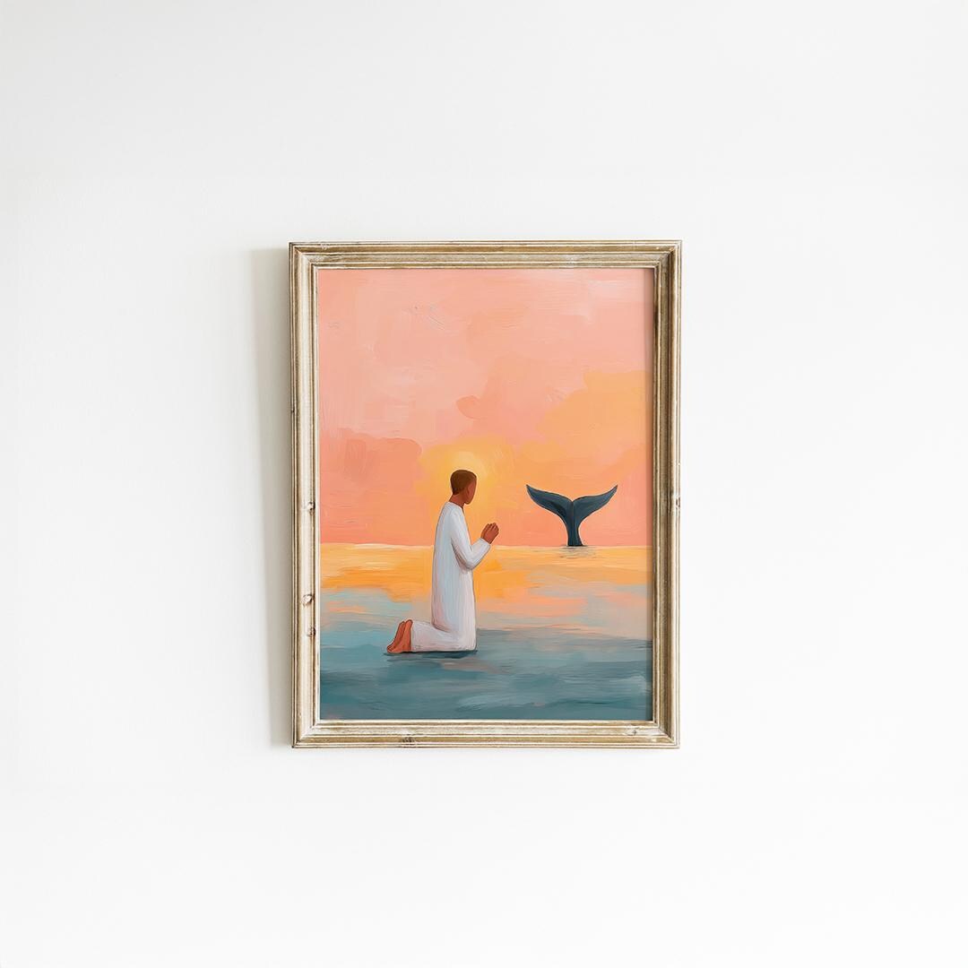 Jonah Praying Coastal Art Print: Spiritual Sunset Scene (digital ...
