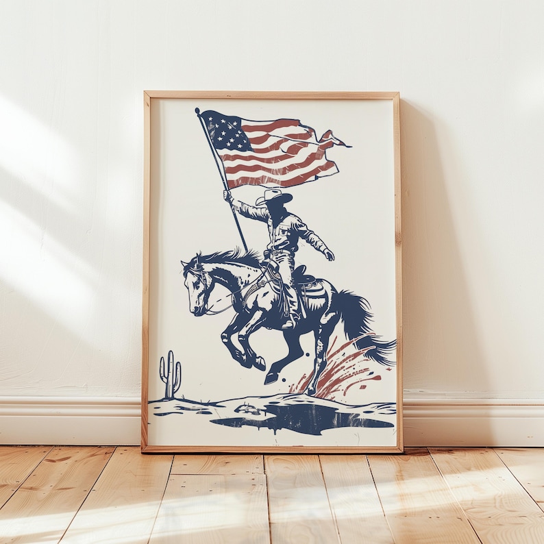 Vintage Cowboy American Flag Print: Western Farmhouse Decor (digital ...