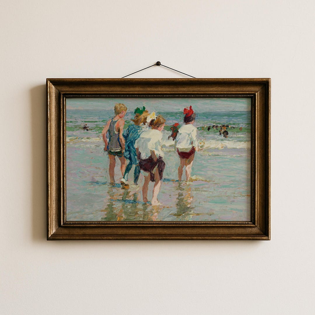 Vintage Beach Day Painting: Kids Playing Seaside, Printable Coastal Art ...