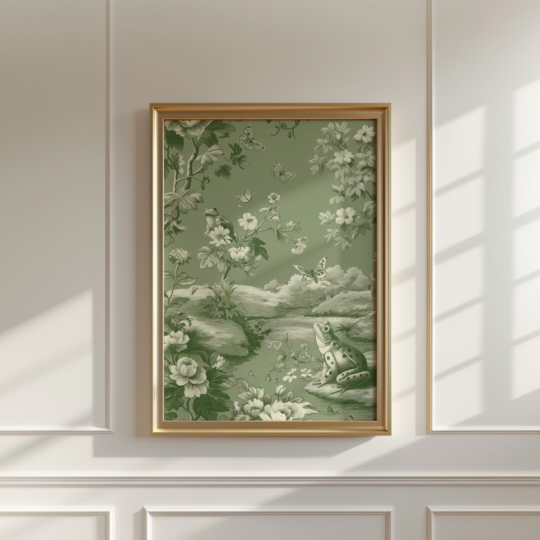 Frog Toile Print: Green Rococo Floral Wall Art (digital Download) - Etsy