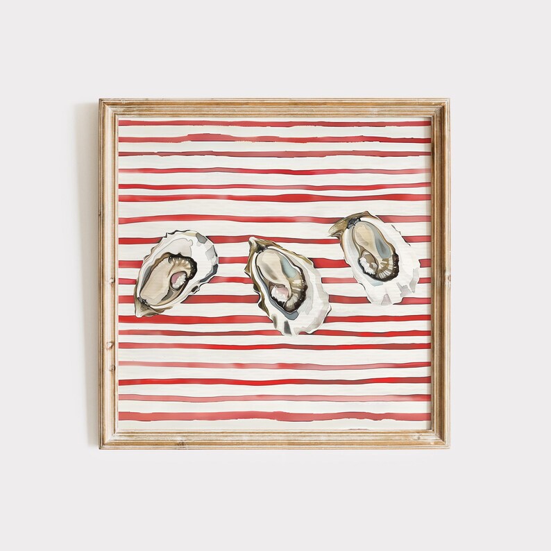 Oysters Coastal Print: Red Stripe Nautical Kitchen Art (30x30 Digital ...