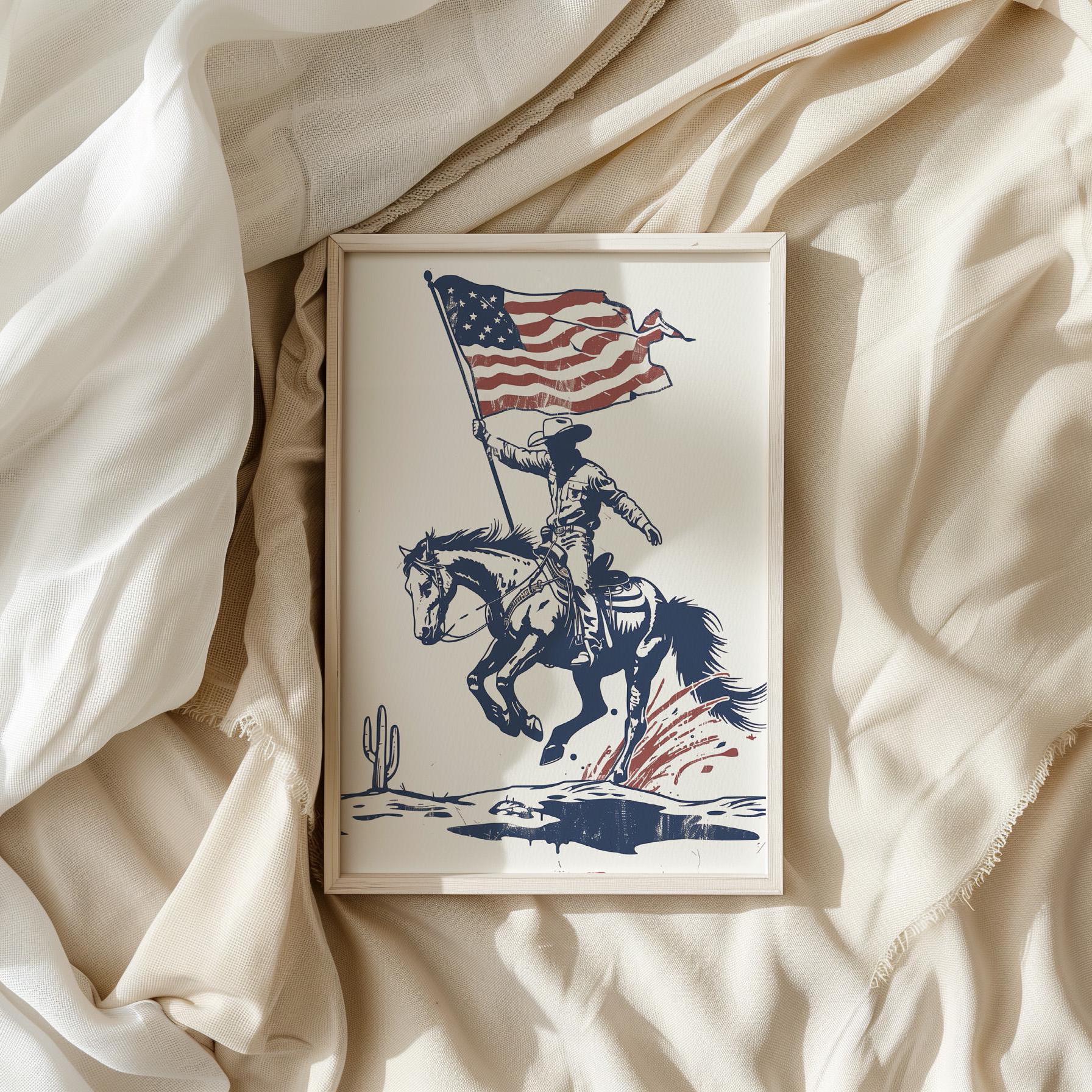 Vintage Cowboy American Flag Print: Western Farmhouse Decor (digital ...