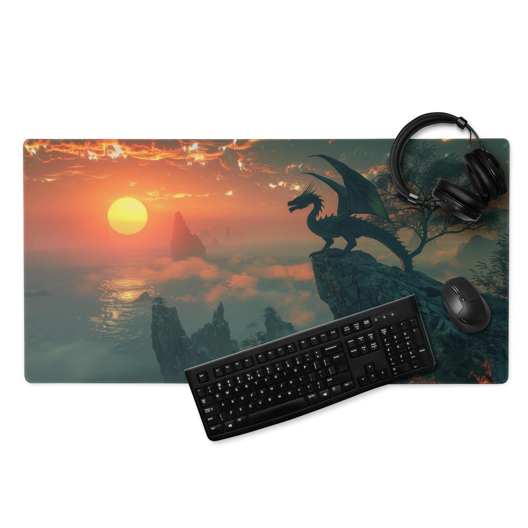 Fantasy Dragon Mousepad, Epic Fire Dragon Desk Mat, Sunset Mountain ...