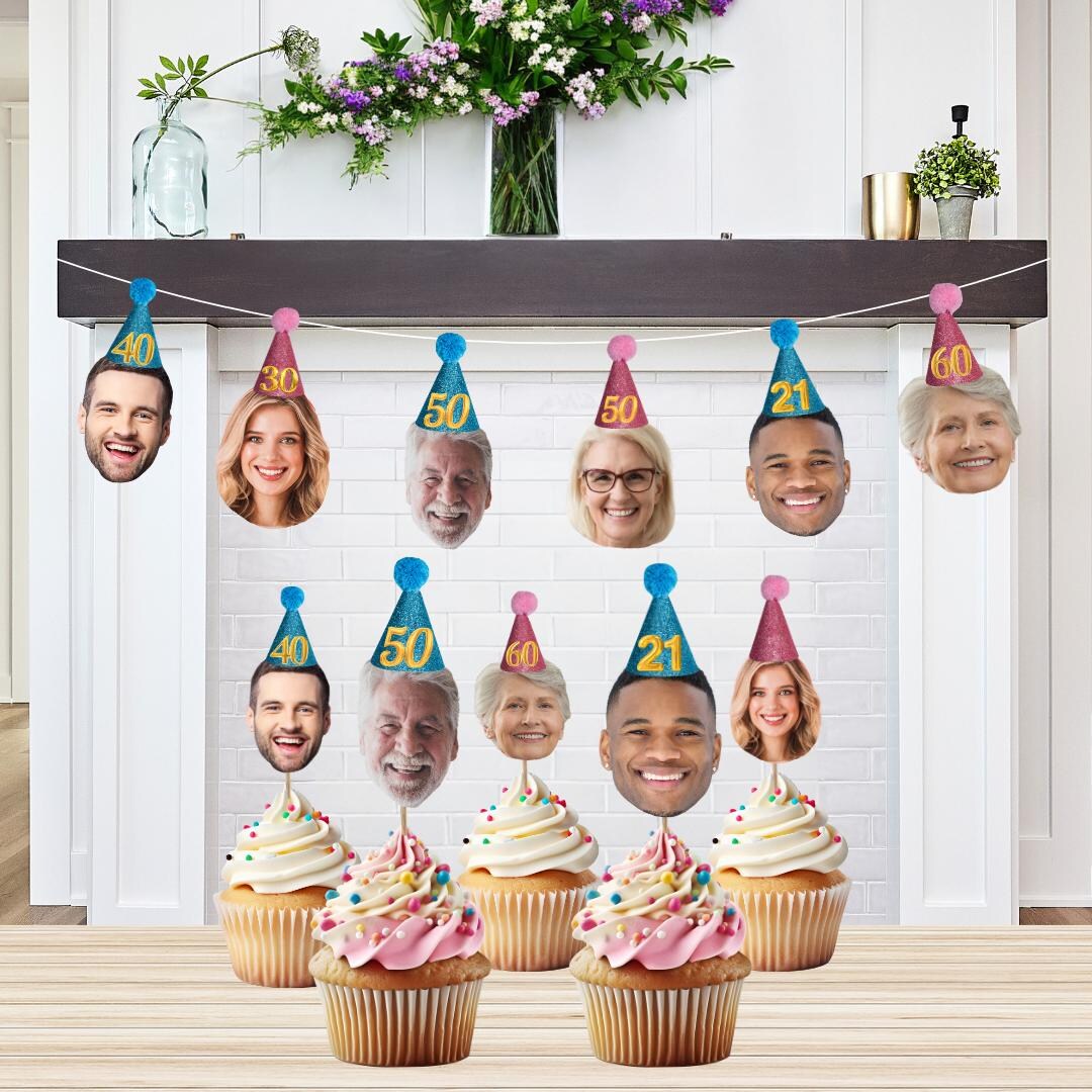 Face Photo Cupcake Toppers and Bunting Bundle Cake Birthday Ages Kids ...